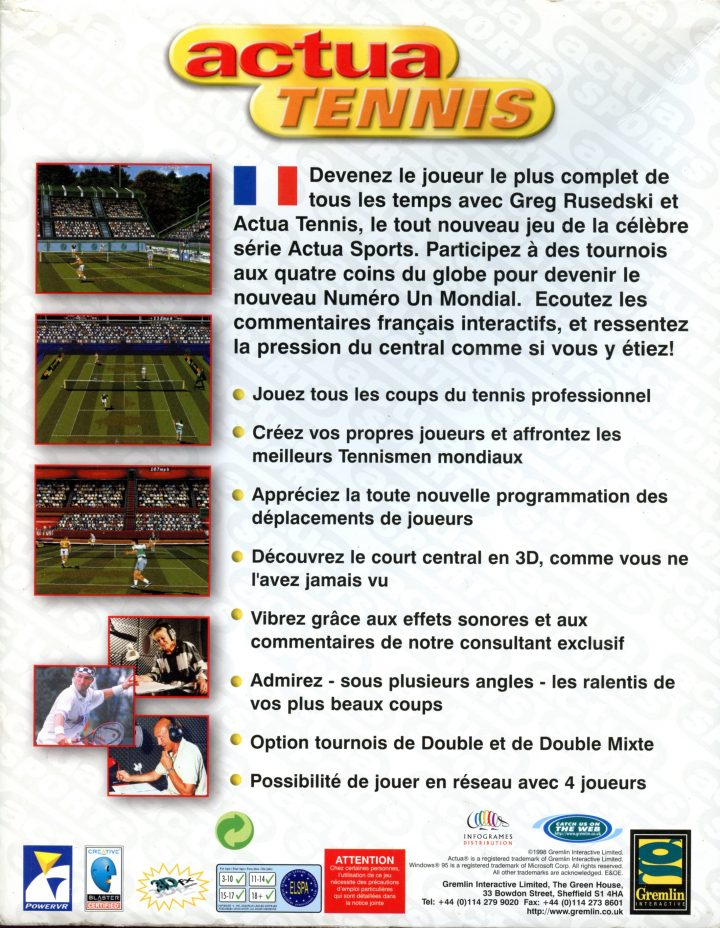 Actua Tennis (French, PC) – The Gremlin Graphics Archive